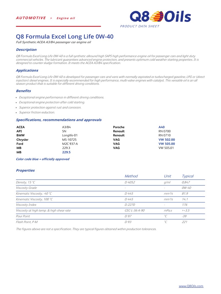 Q8 Formula Excel Long Life 0W 40 - en | PDF | Motor Oil | Land Vehicles