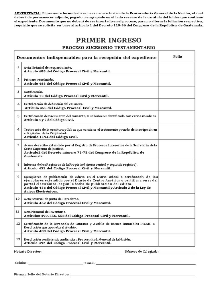 Formulario Proceso Sucesorio Testamentario PGN | PDF