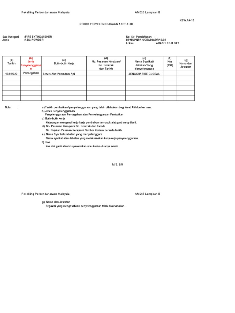 Rekod Penyelenggaraan Aset Alih Kew.PA-15 | PDF | Teknologi & Rekayasa