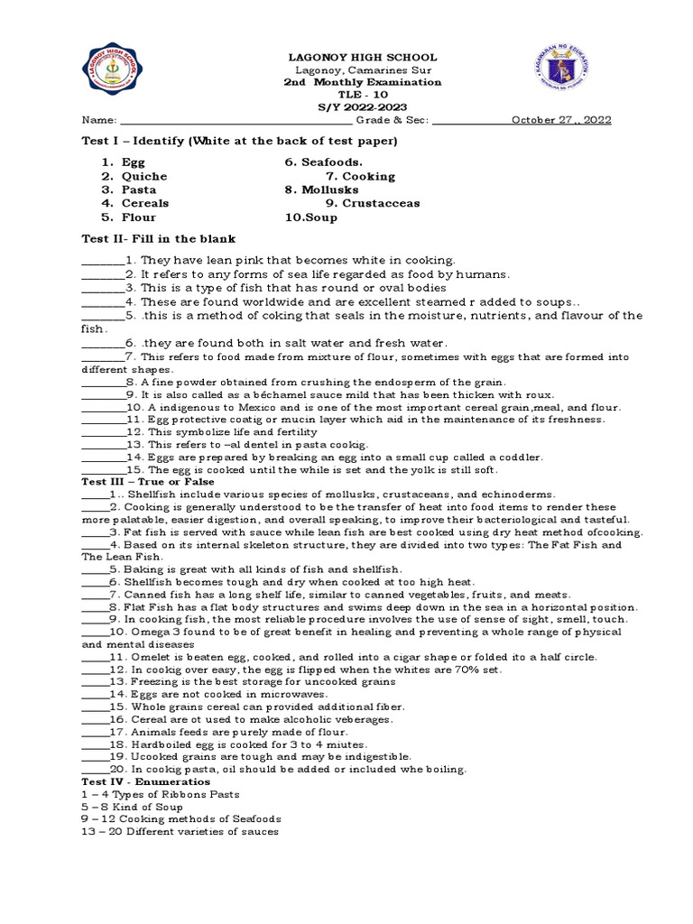 2nd Monthly Exam TLE 10, 22 | PDF | Cooking | Pasta