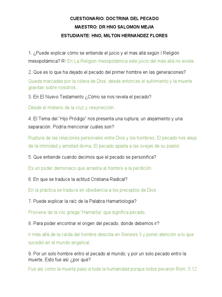 Cuestionario de La Doctrina Del Pecado | PDF | Pecado | Creencia religiosa y doctrina