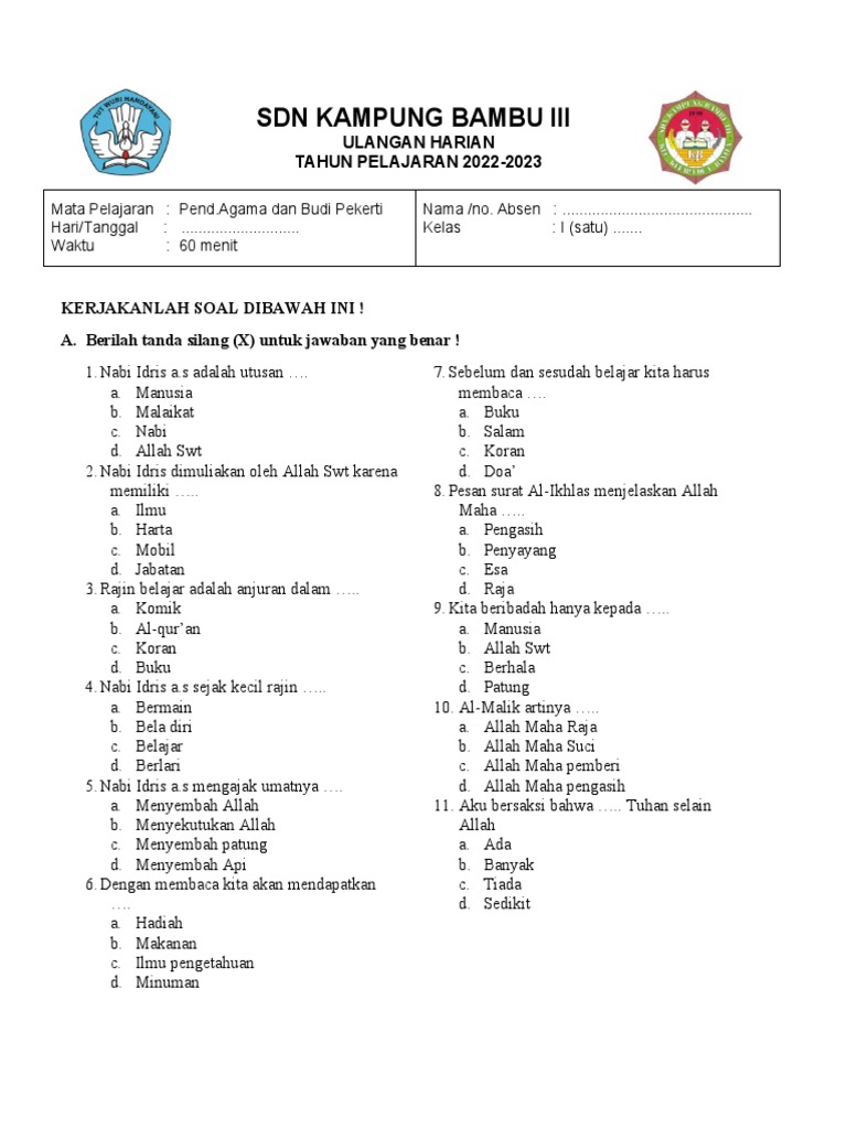 Soal Ulangan Harian Kelas 1 SD | PDF