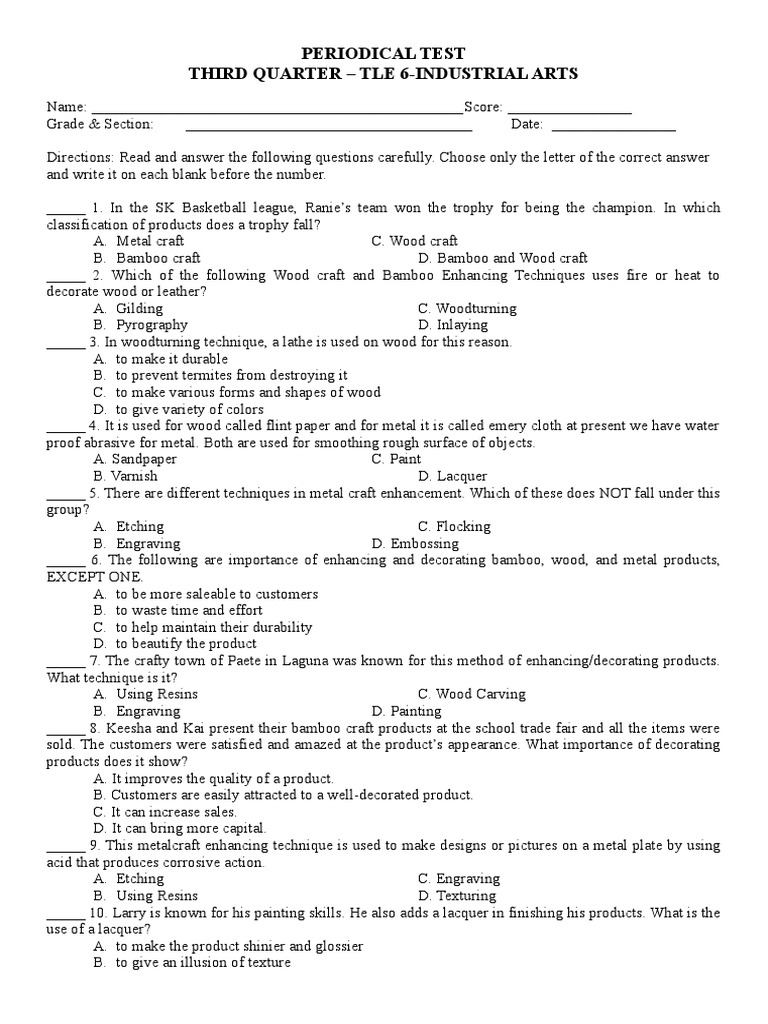 Periodical Test Tle 6 Industrial Arts 3rd Quarter | PDF | Recycling | Waste