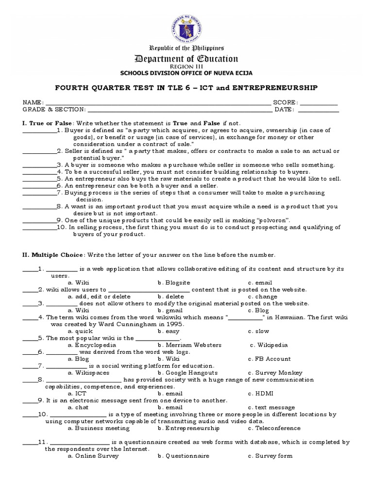 4th Quarter Test in Tle6. Ict Entrep | PDF