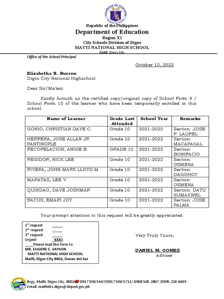 Request Form 1 Pedro A. Arches National High School | PDF | Philippines ...