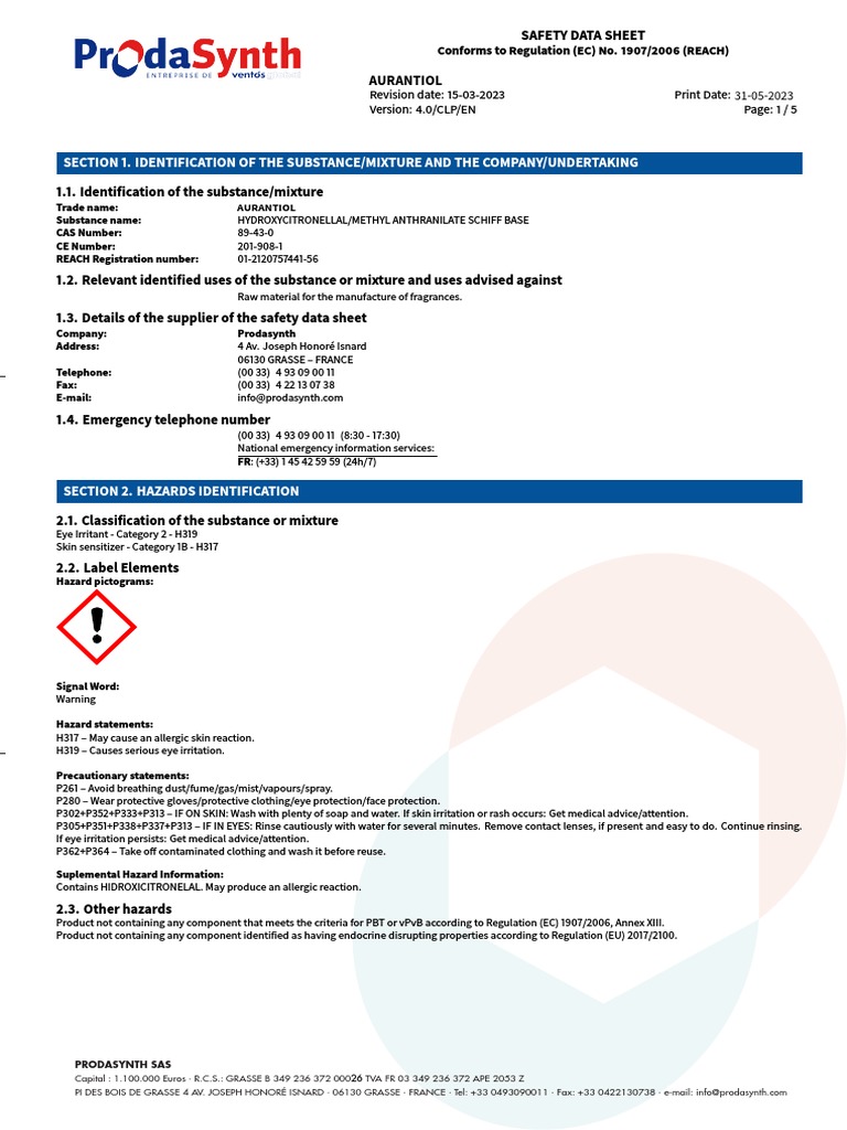 MSDS Aurantiol | Download Free PDF | Workplace | Working Conditions