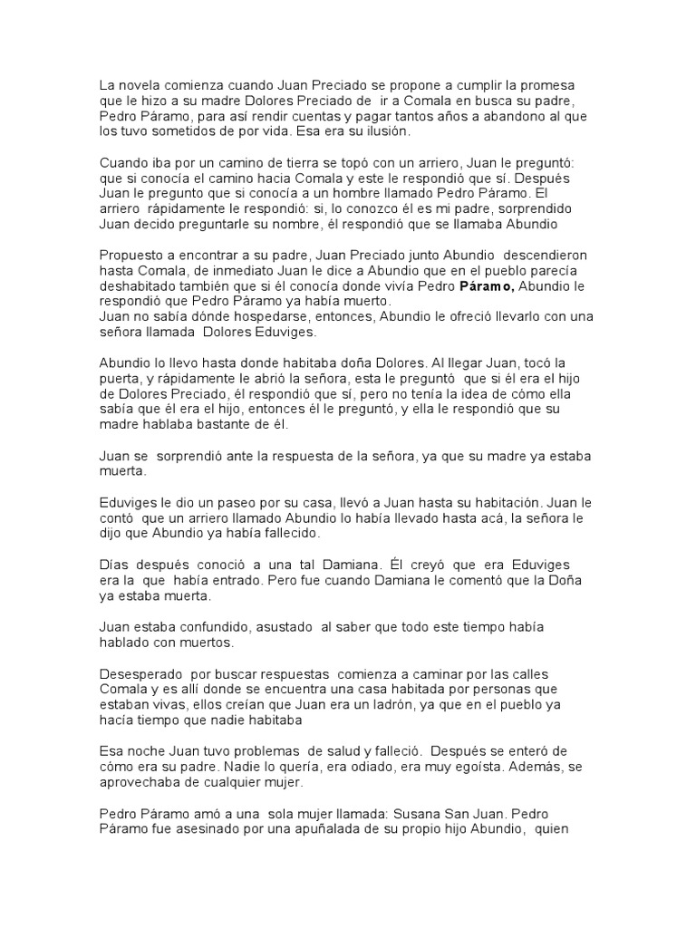 La Novela Comienza Cuando Juan Preciado Se Propone A Cumplir La Promesa ...