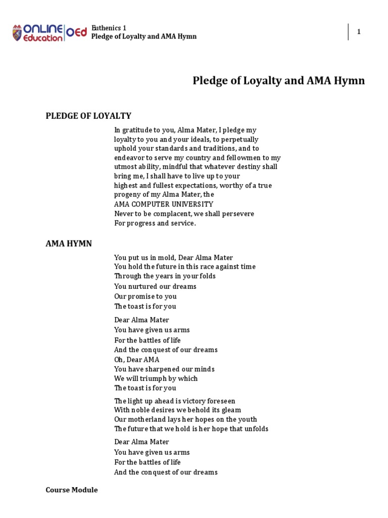 Week 12 - Lesson 10 - Pledge of Loyalty and AMA Hymn | PDF