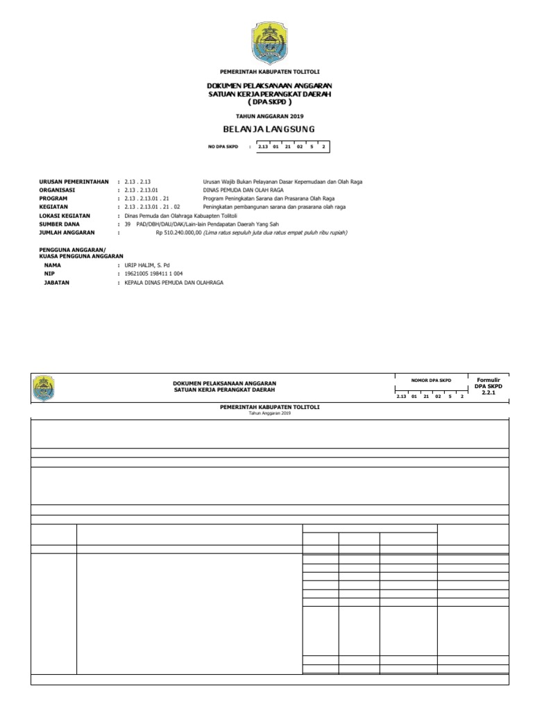 Belanja Langsung: Dokumen Pelaksanaan Anggaran Satuan Kerja Perangkat Daerah (Dpa SKPD) | PDF
