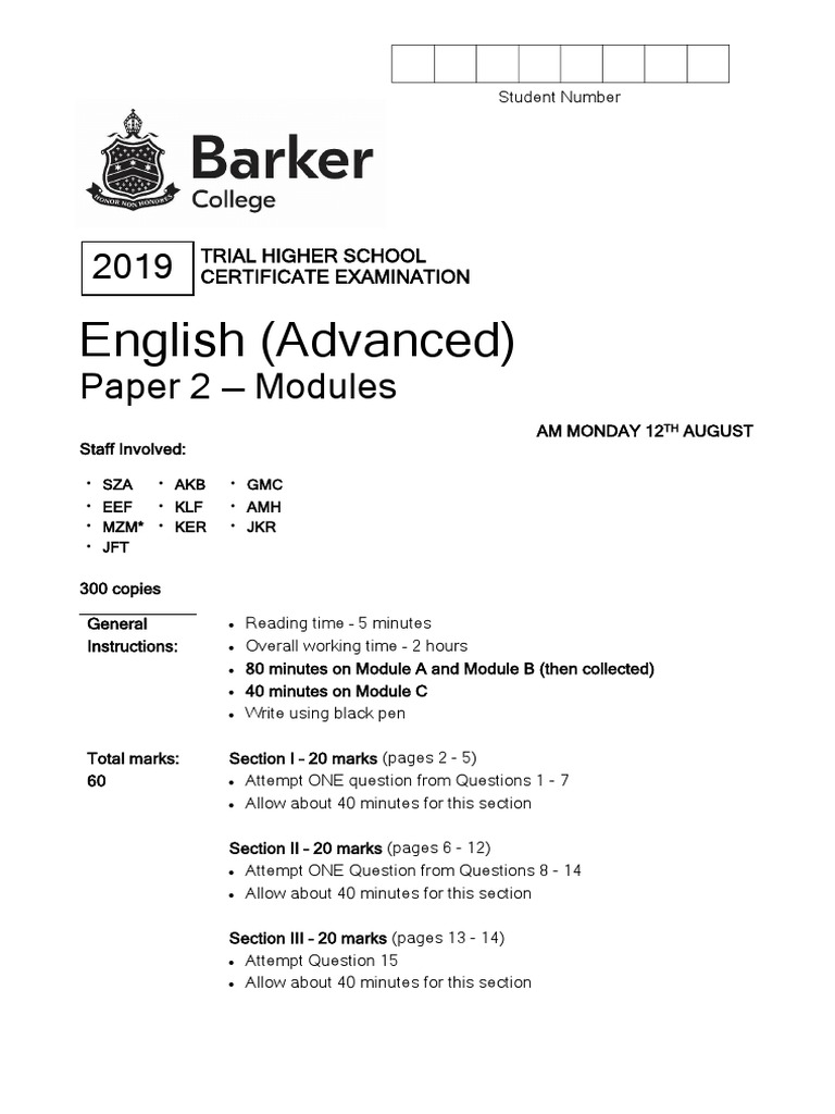 Barker College Trial English Advanced Paper 2 2019 | PDF | Emma (Novel)