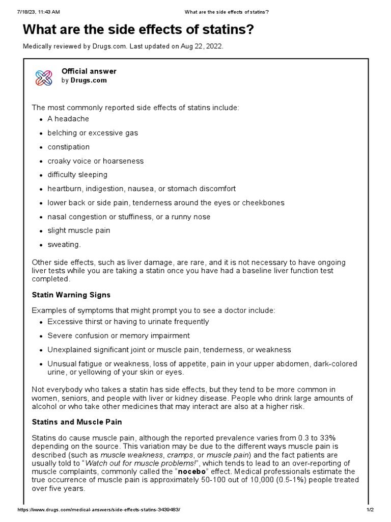 Common Side Effects of Statins | PDF | Statin | Clinical Medicine