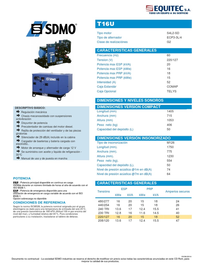 Especificaciones del Generador SDMO T16U | PDF | Ingeniería mecánica ...