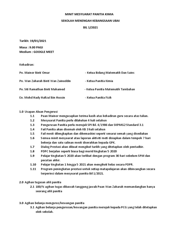 MINIT MESYUARAT Panitia Kimia 2021 Kali 1 | PDF
