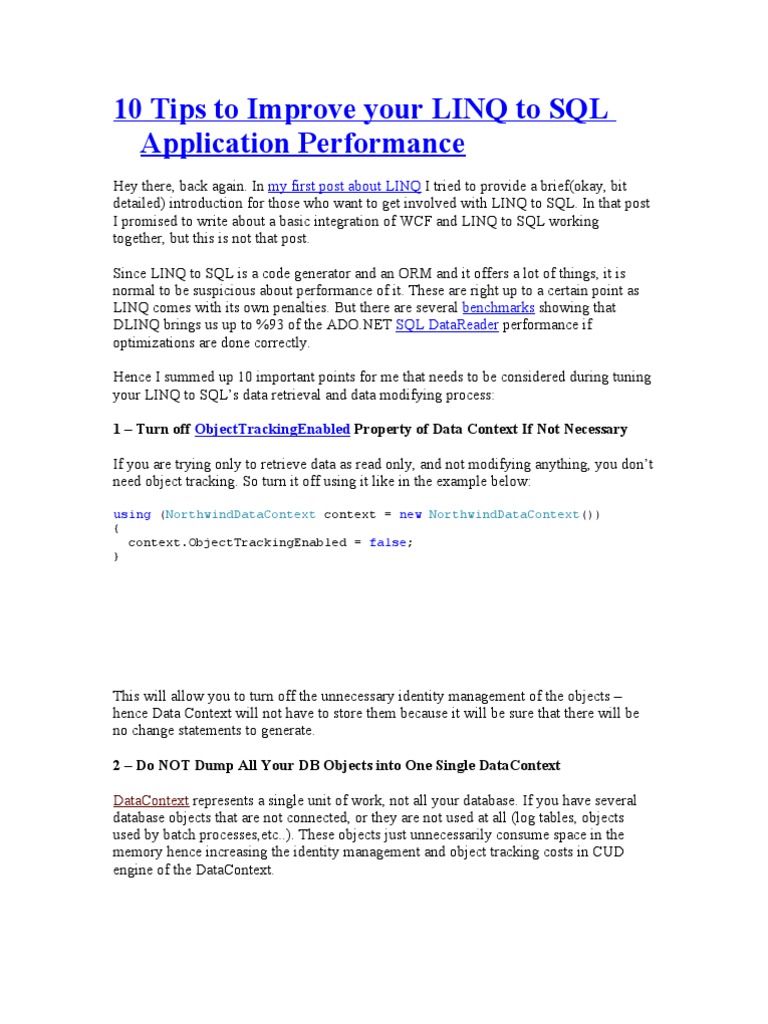 10 Tips To Improve Your LINQ To SQL Application Performance | PDF | Language Integrated Query | Sql
