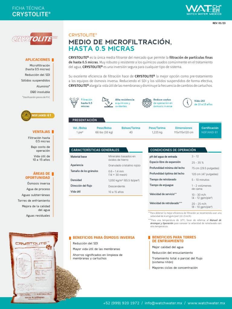 Crystolite Ficha Tecnica | PDF | Filtración | Agua