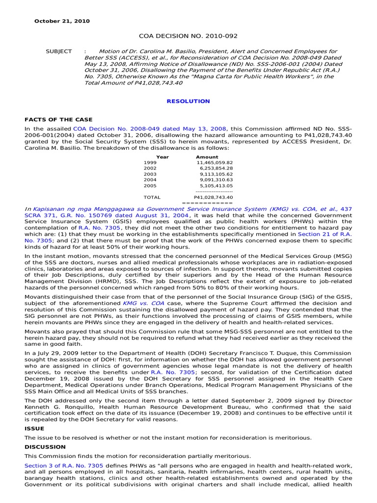 COA Decision 2010-092 Hazard Pay Exposure To Risk Qualification | PDF | Health Care | Health ...