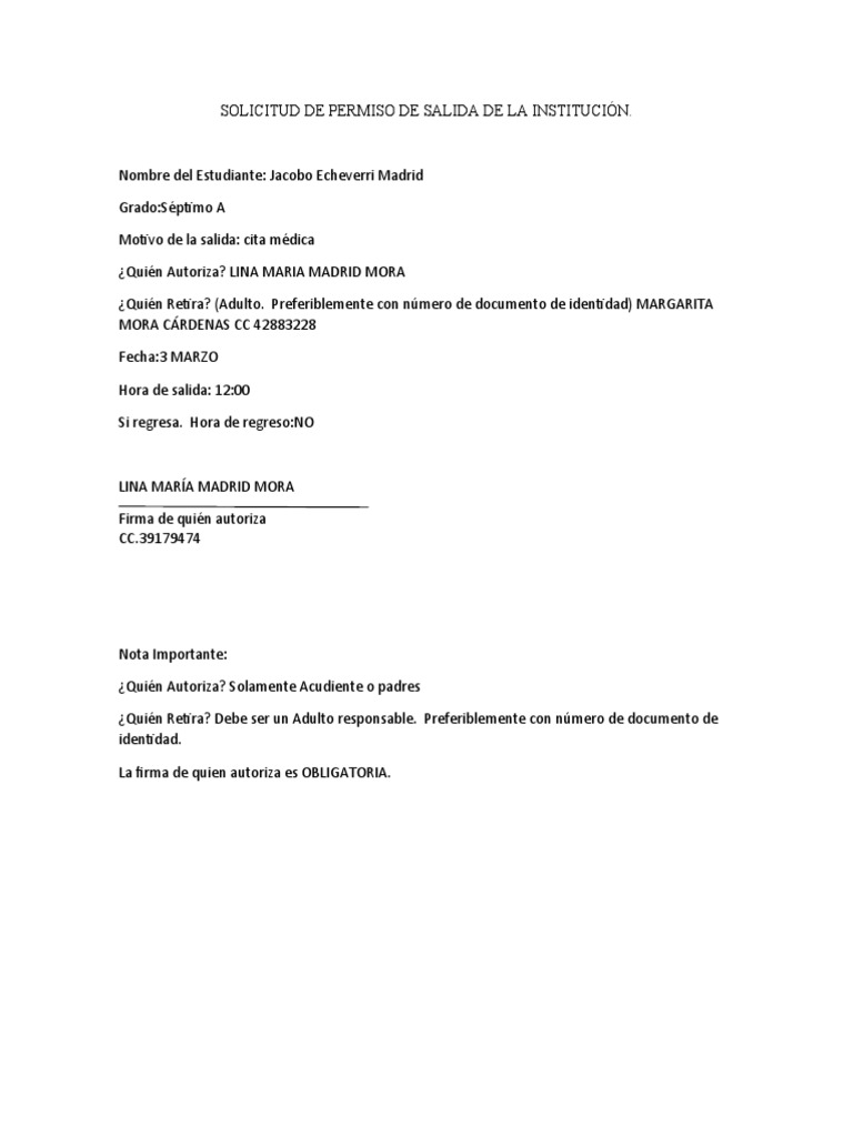 1 Formato Modelo para Solicitar Permiso de Salida de Estudiantes | PDF