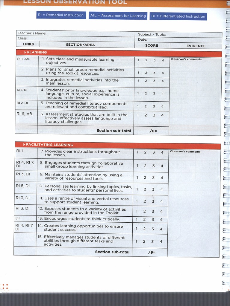 Lesson Observation Tool RI | PDF