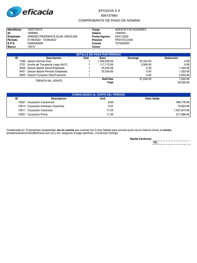 Eficacia S A 800137960 Comprobante de Pago de Nomina | PDF