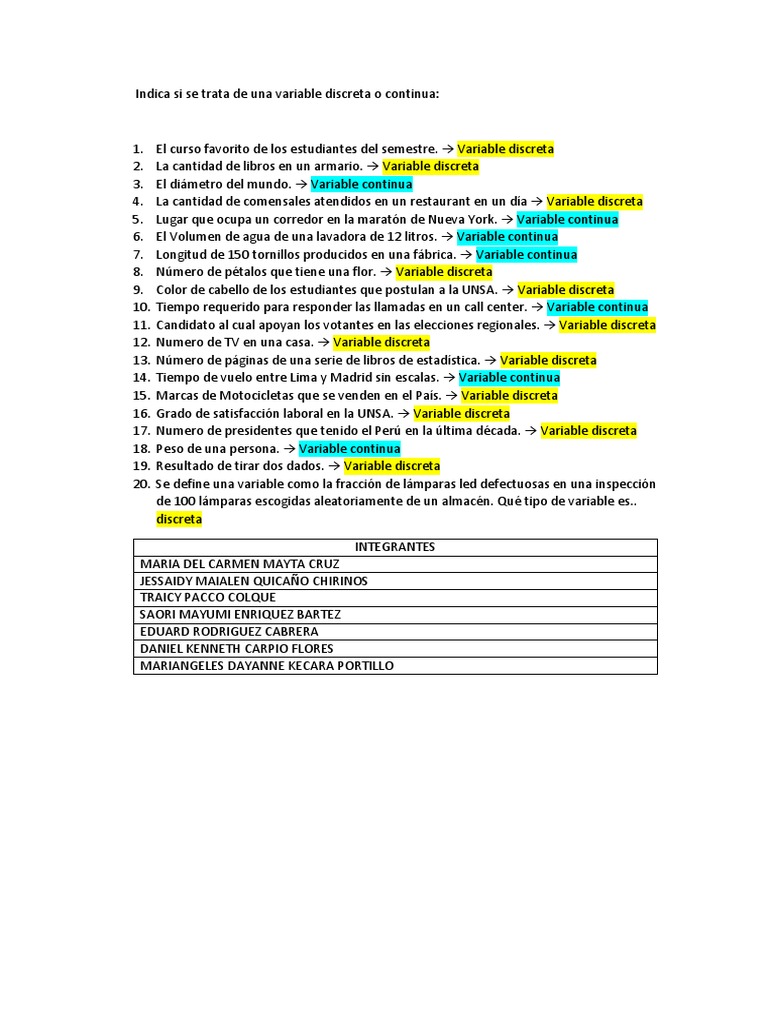 Indica Si Se Trata De Una Variable Discreta O Continua 24 04 2023 Pdf 2017