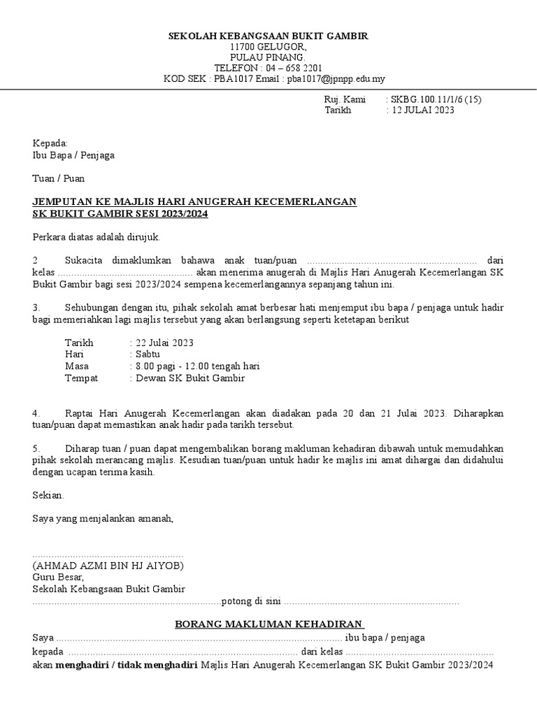 Surat Jemputan Hari Anugerah Ibu Bapa | PDF