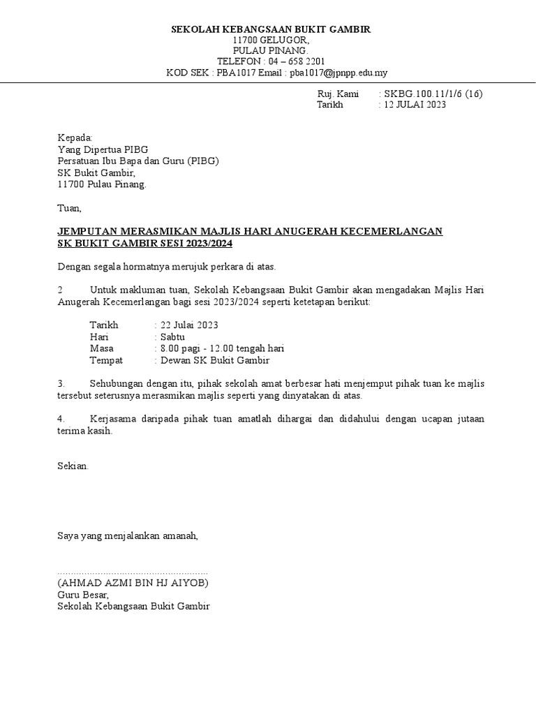 Surat Jemputan Hari Anugerah | PDF