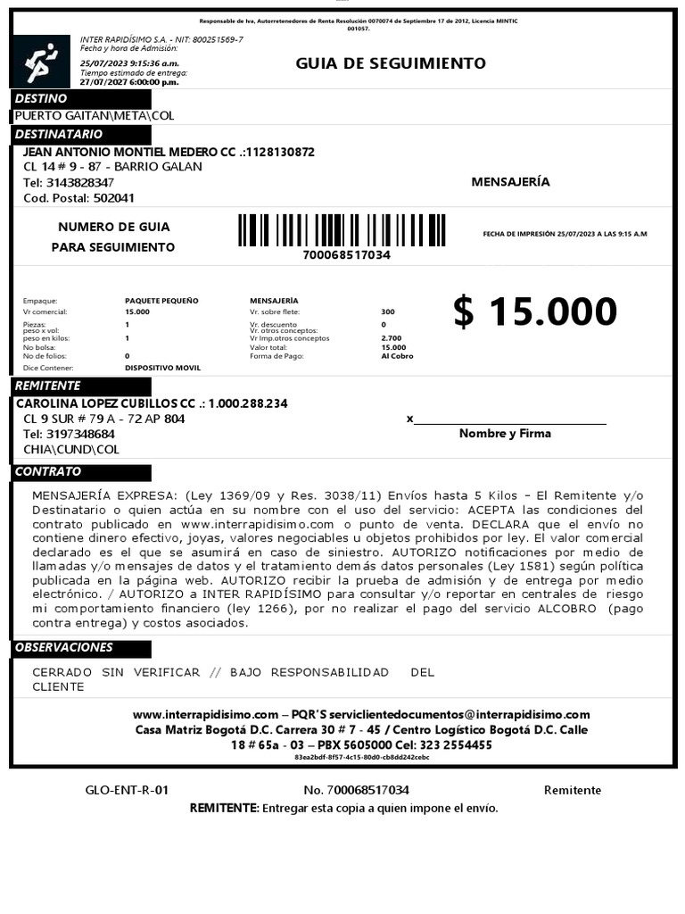 Guia de Seguimiento - Interrapidisimo | PDF