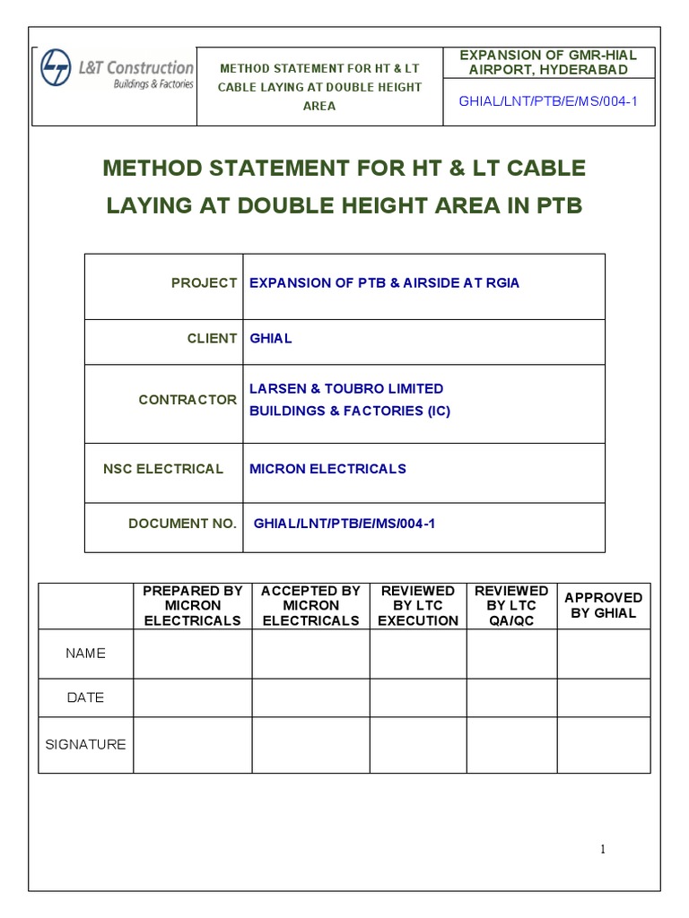 Method Statement-HT & LT Cable Laying On Double Height | PDF | Safety ...
