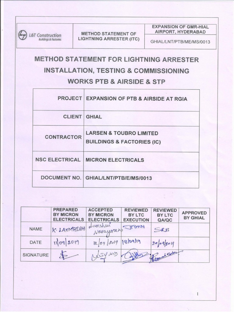Method Statement-Lightning Protection System | PDF | Safety | Specification (Technical Standard)