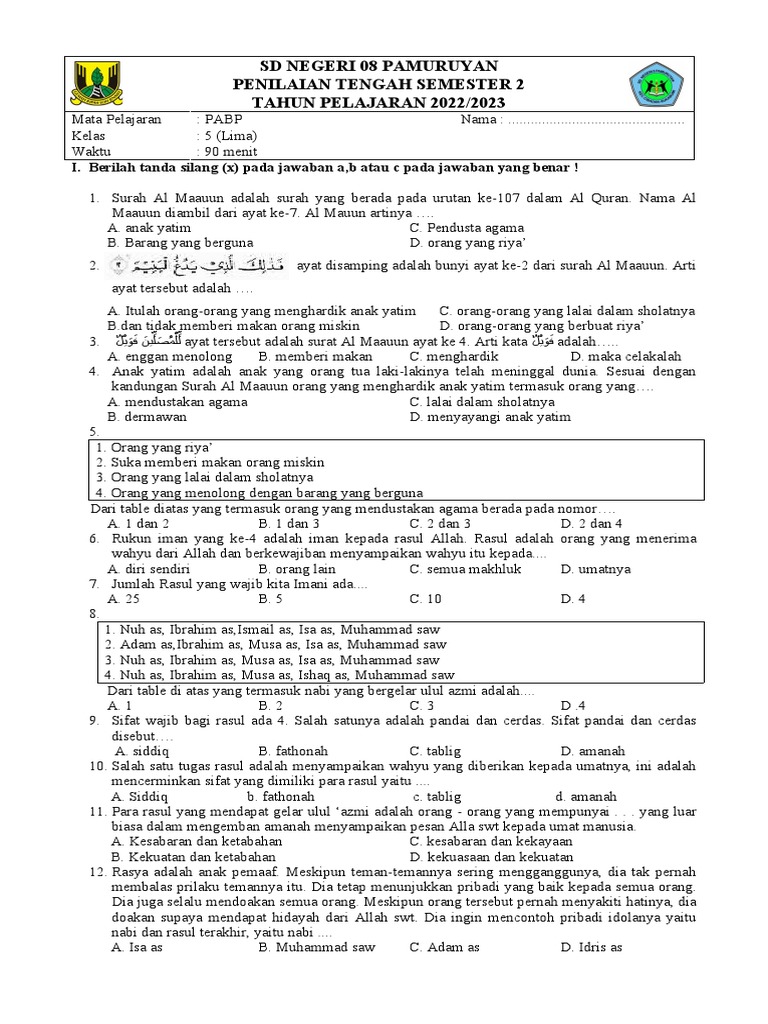 Soal Pts Kelas 5 Pabp Pdf