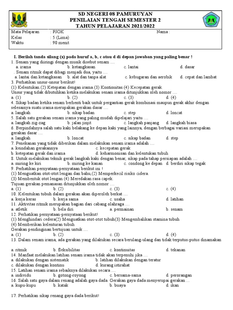 Soal UTS Atau PTS Mapel PJOK Kelas 5 Semester 2 | PDF | Olahraga & Rekreasi | Metode & Bahan Ajar