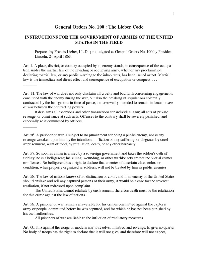 Lieber Code 1863 Excerpts 0 | PDF | National Security | Military