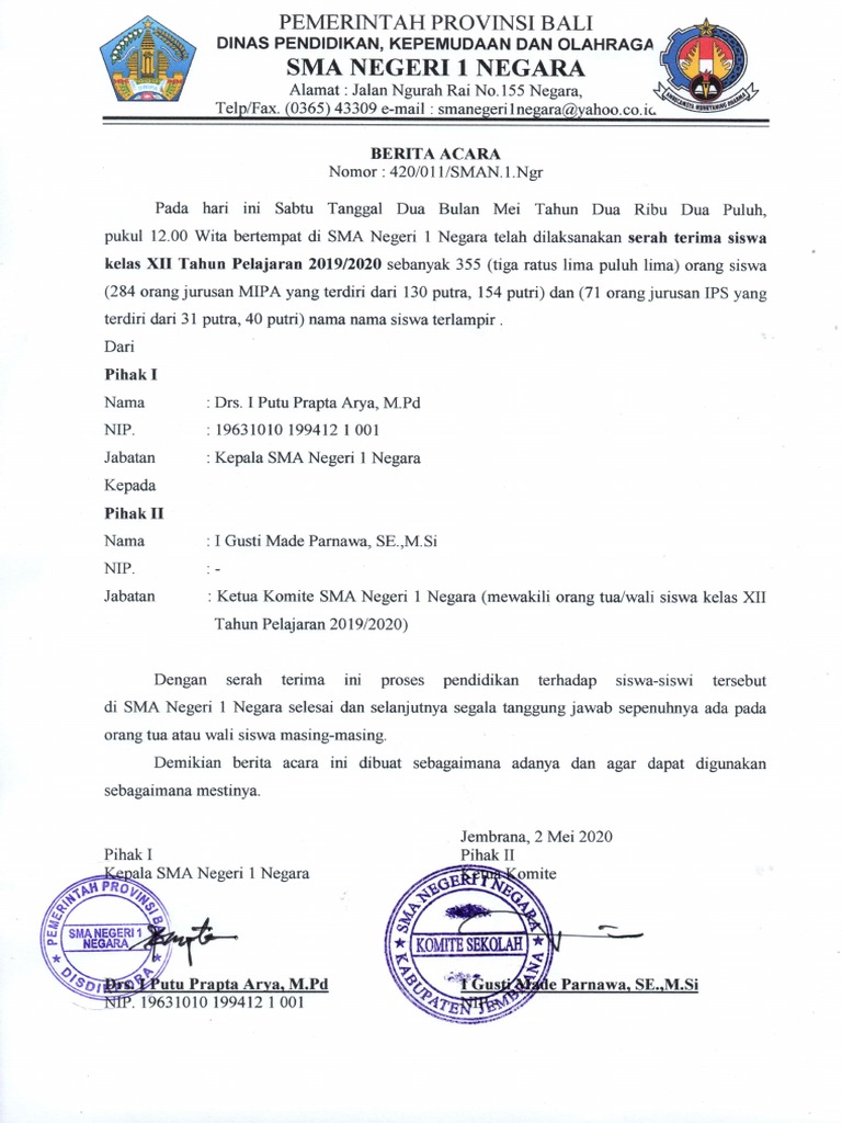 Berita Acara Serah Terima Siswa Kelas XII TA.2019-2020 Kepada Orang Tua ... Berita Acara Serah Terima Siswa Kelas XII TA.2019-2020 Kepada Orang Tua ...
