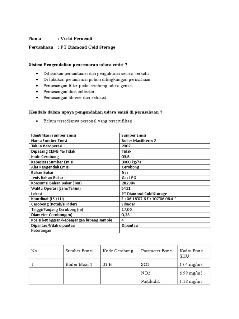 Pengendalian Emisi Udara PT Diamond Cold Storage | PDF