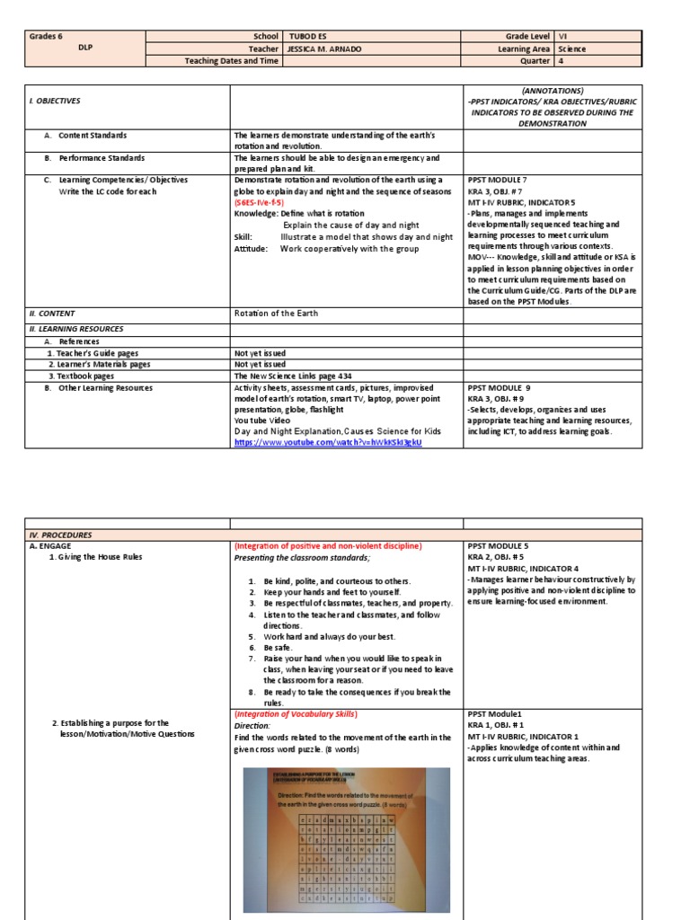 COT - DLP - SCIENCE 6 - EARTH'S ROTATION - q4 | Download Free PDF | Rubric (Academic) | Learning