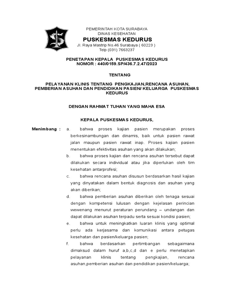 SK Pelayanan Klinis Tentang Pengkajian, Rencana Asuhan, Pemberian Asuhan Dan Pendidikan Pasien | PDF