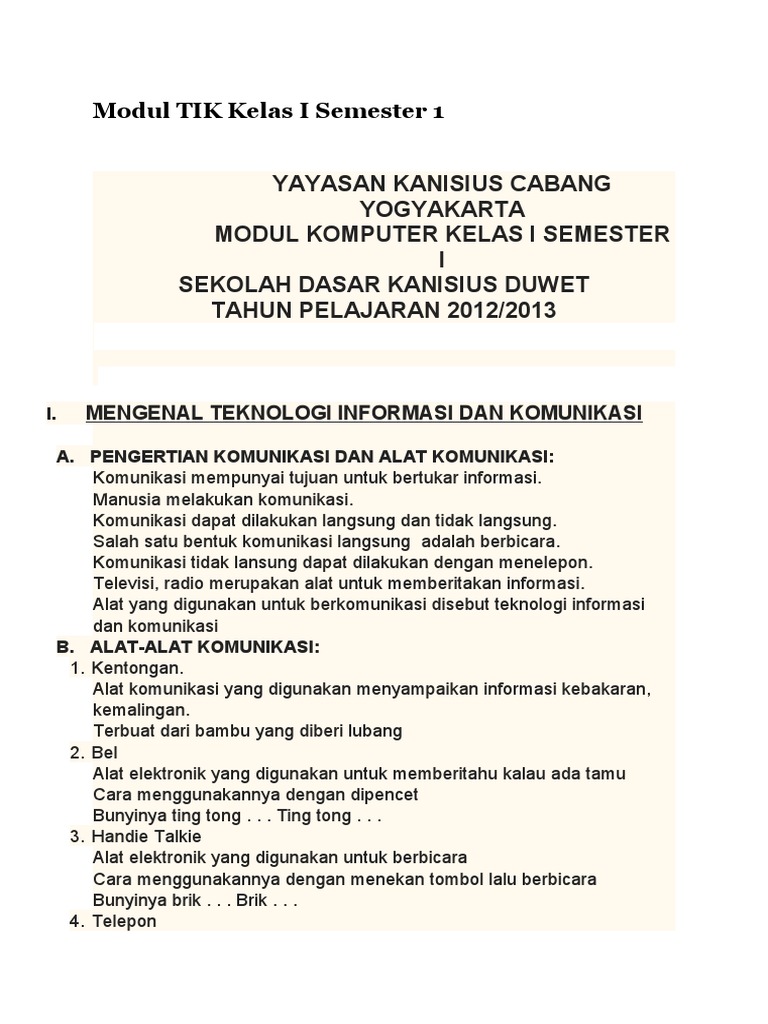 Modul TIK Kelas I Semester 1 | PDF