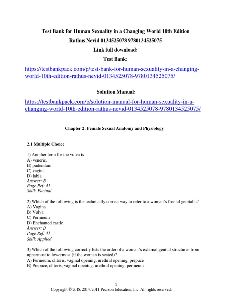 Human Sexuality in A Changing World 10th Edition Rathus Nevid Test Bank ...