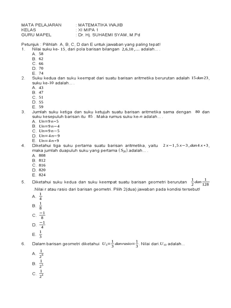 SOAL MAT WAJIB XI MIPA 1 - MIPA 4 Suhaemi Syam Dan Andi Hasnah | PDF