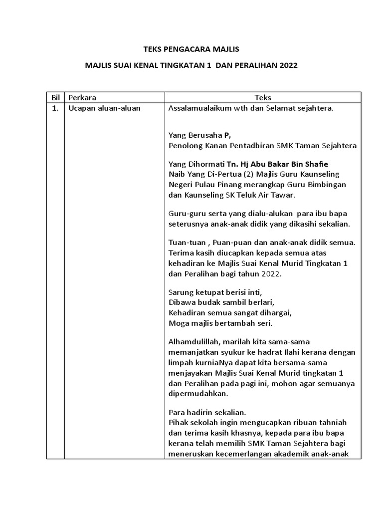 Teks Pengacara Majlis Suai Kenal Tingkatan 1 Dan Peralihan 2022 | PDF