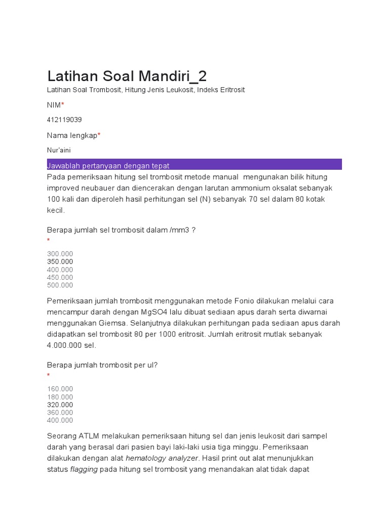 Latihan Soal Mandiri Trombosit, Indeks Erit, PVC | PDF