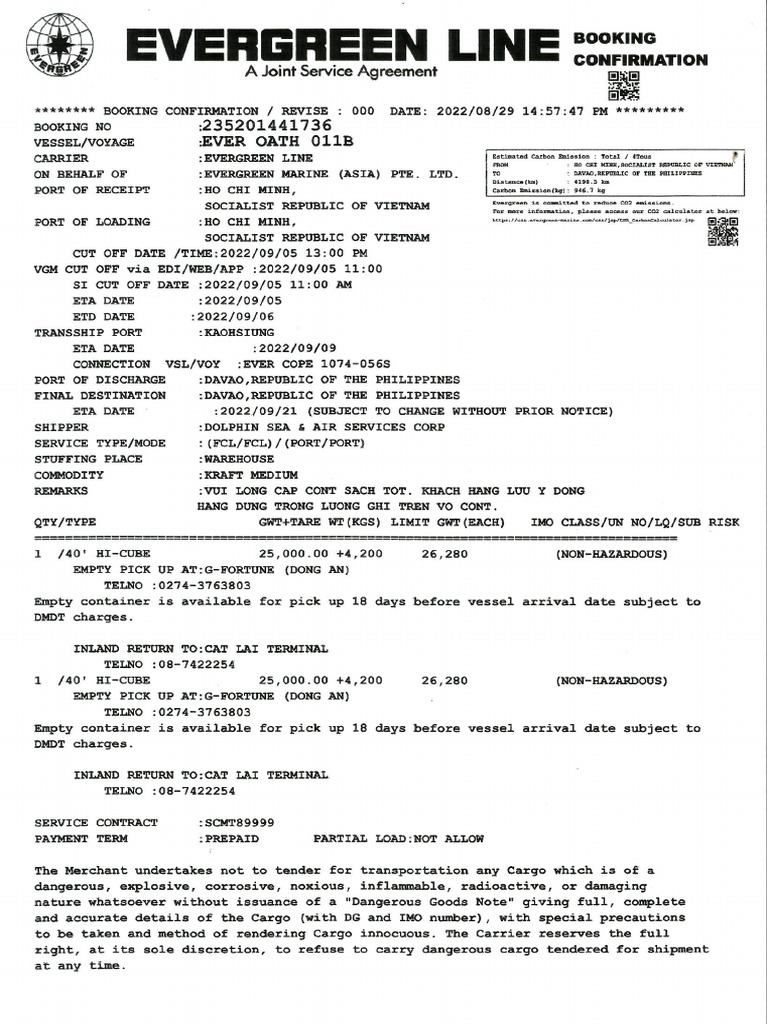 EVERGREEN Shipment Schedule | PDF