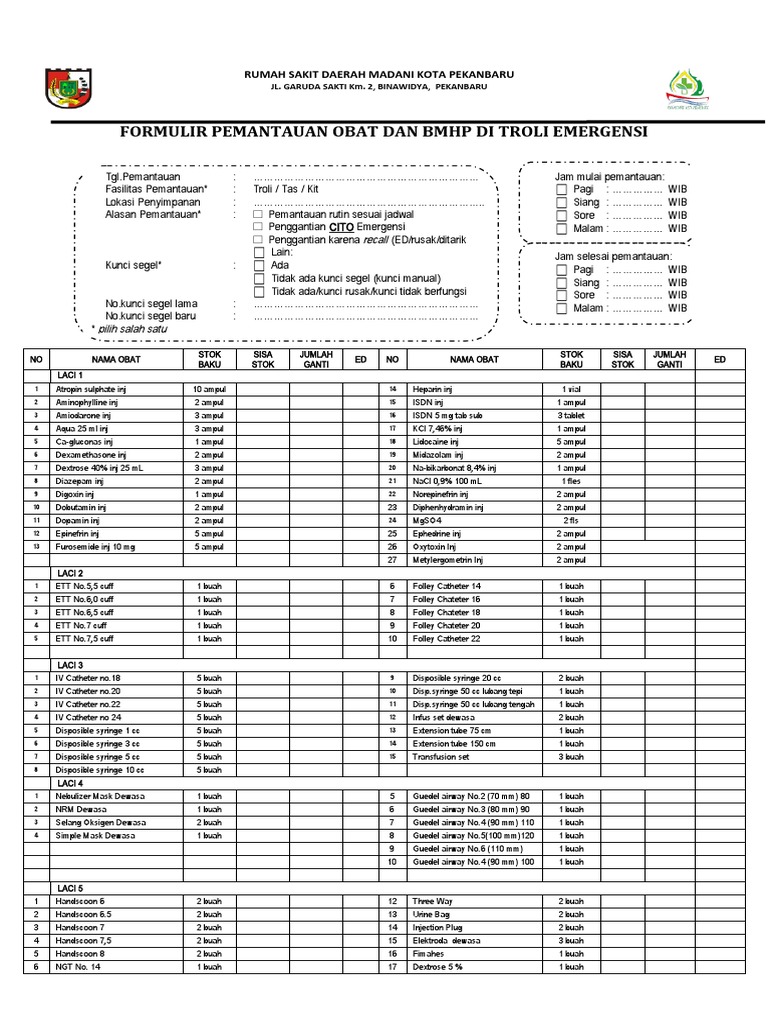 FORMULIR PEMANTAUAN OBAT DAN BMHP DI TROLI EMERGENSI Darusasalam, VK | PDF