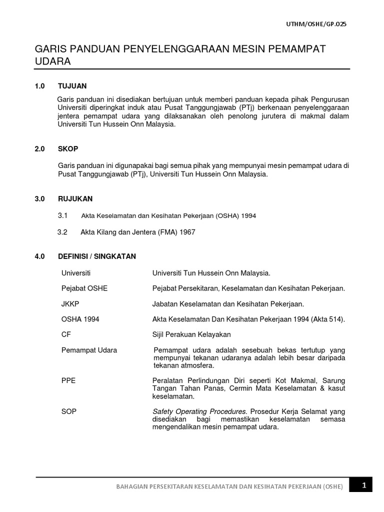 Garis Panduan Penyelenggaraan Mesin Pemampat Udara: 1.0 Tujuan | PDF ...