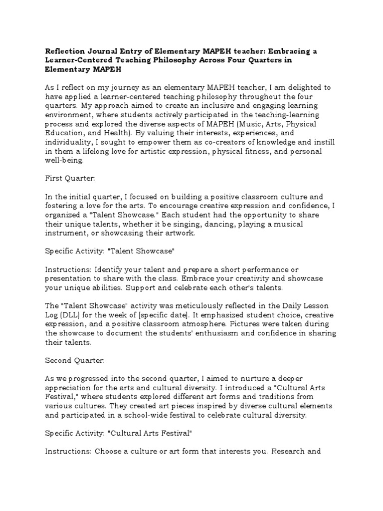 Reflection Journal Entry of Elementary MAPEH Teacher | PDF | Teachers ...