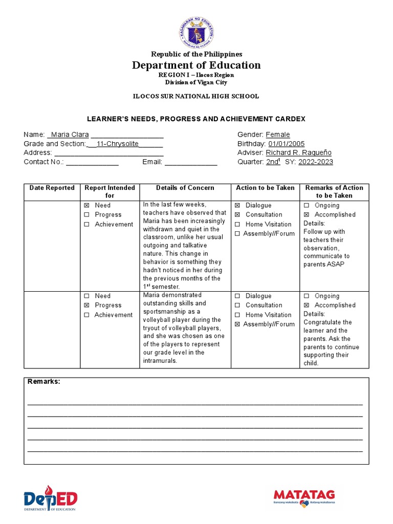 Learner's Needs, Progress and Achievement Cardex-Depedtambayan-2 | PDF ...
