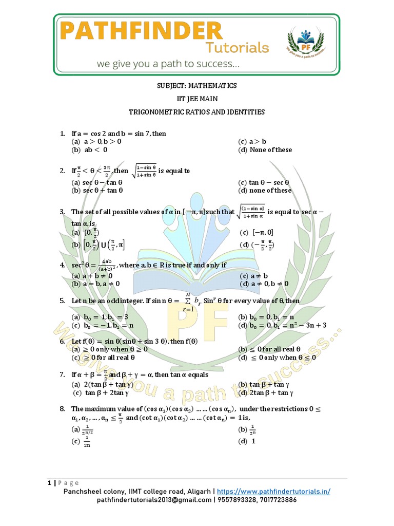 Trigonometric Ratio and Identities - Mathematics - IIT-JEE MAIN - Pathfinder Tutorials | PDF ...