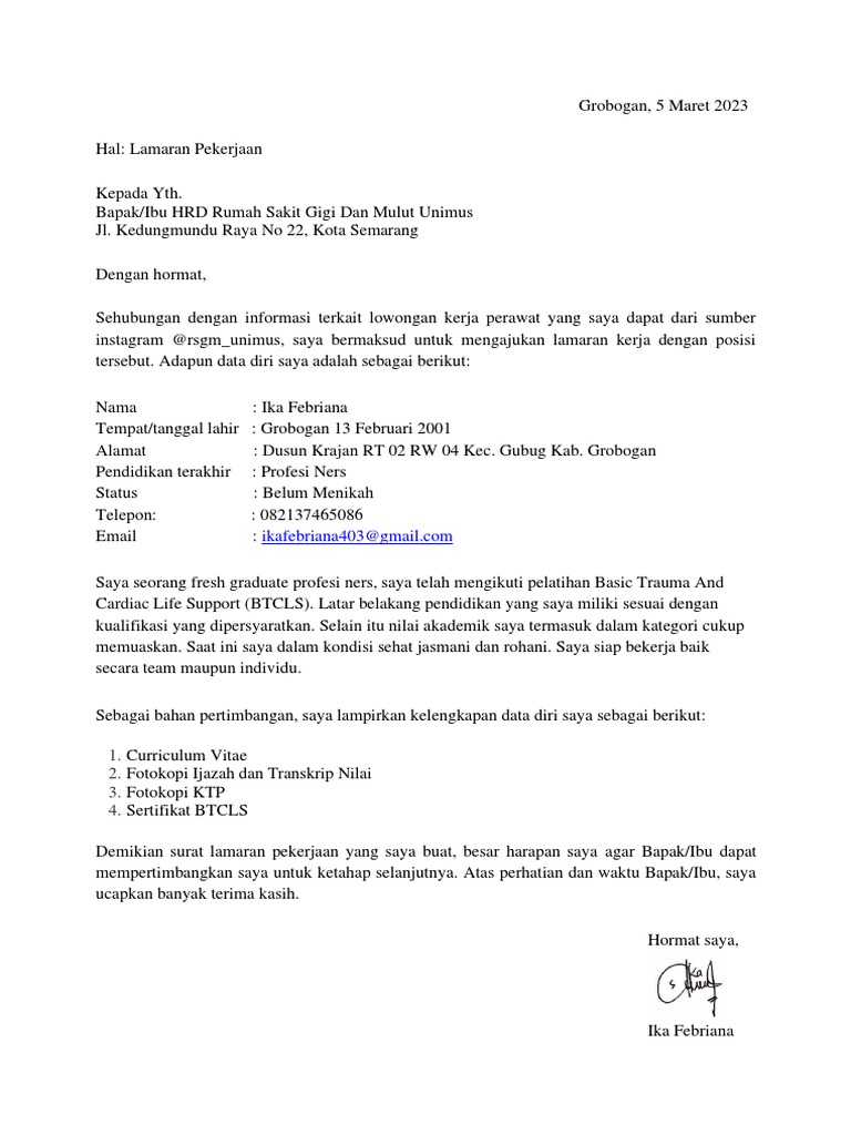 Surat Lamaran Kerja RSGM Ika Febriana | PDF
