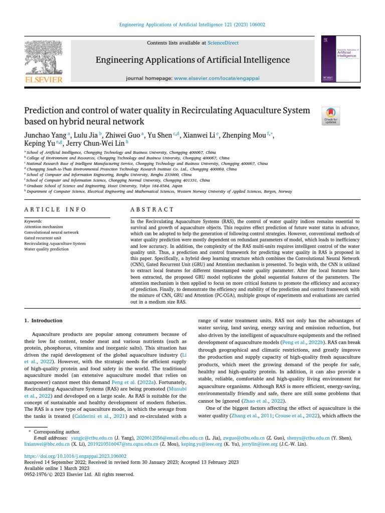 Prediction and Control of Water Quality in Recirculating Aquaculture System | Download Free PDF ...