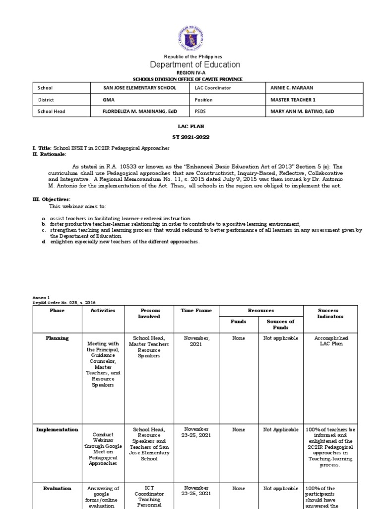 Lac Plan | PDF | Pedagogy | Teachers